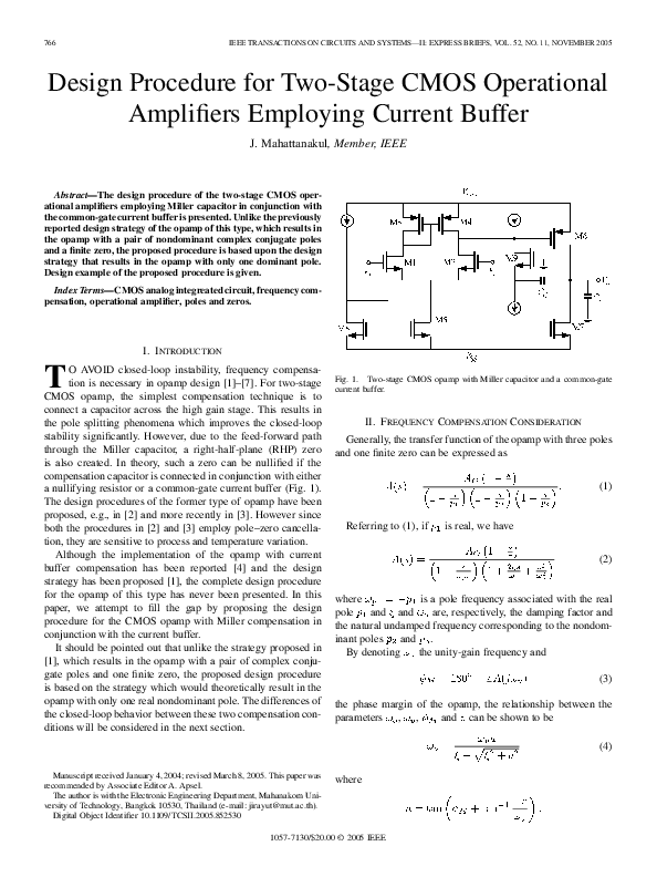 (PDF) Design procedure for two-stage CMOS operational amplifiers employing current buffer