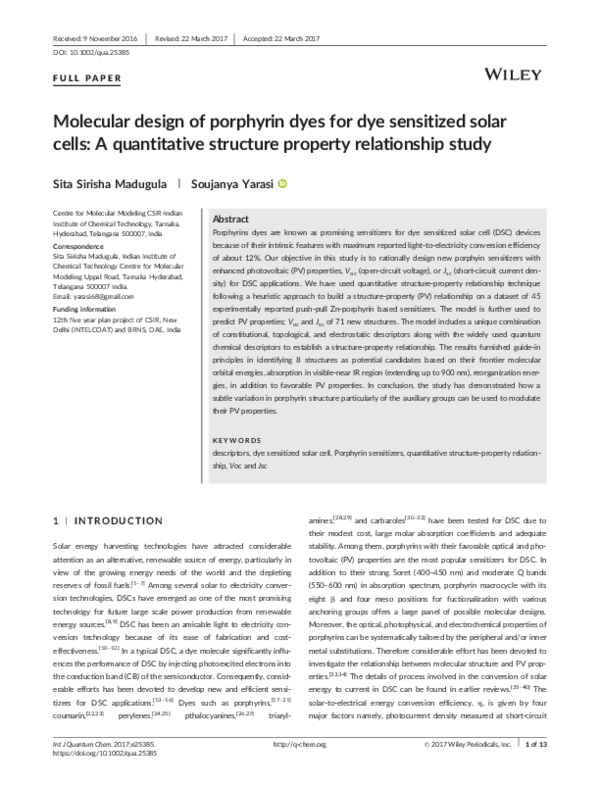 (PDF) Molecular design of porphyrin dyes for dye sensitized solar cells ...