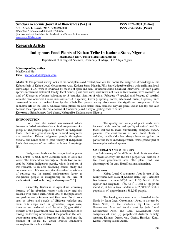(PDF) Indigenous Food Plants of Kubau Tribe in Kaduna State , Nigeria