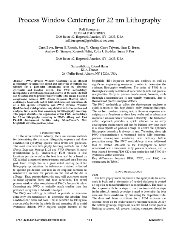 (PDF) Process Window Centering for 22 nm Lithography