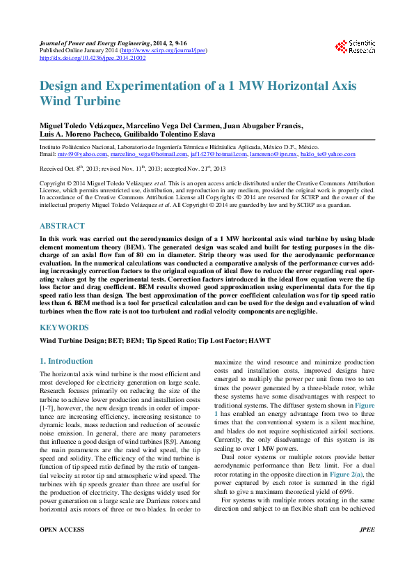 Pdf Design And Experimentation Of A 1 Mw Horizontal Axis Wind Turbine