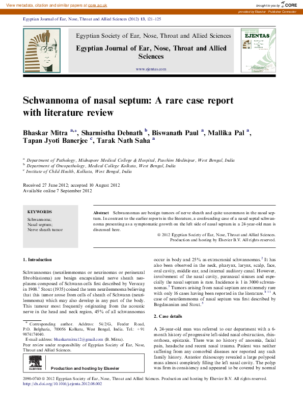 (PDF) Schwannoma of nasal septum: A rare case report with literature ...