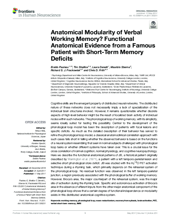 (PDF) Anatomical Modularity of Verbal Working Memory? Functional Anatomical Evidence from a ...