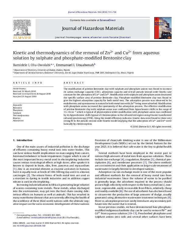 (PDF) Kinetic and thermodynamics of the removal of Zn2+ and Cu2+ from ...