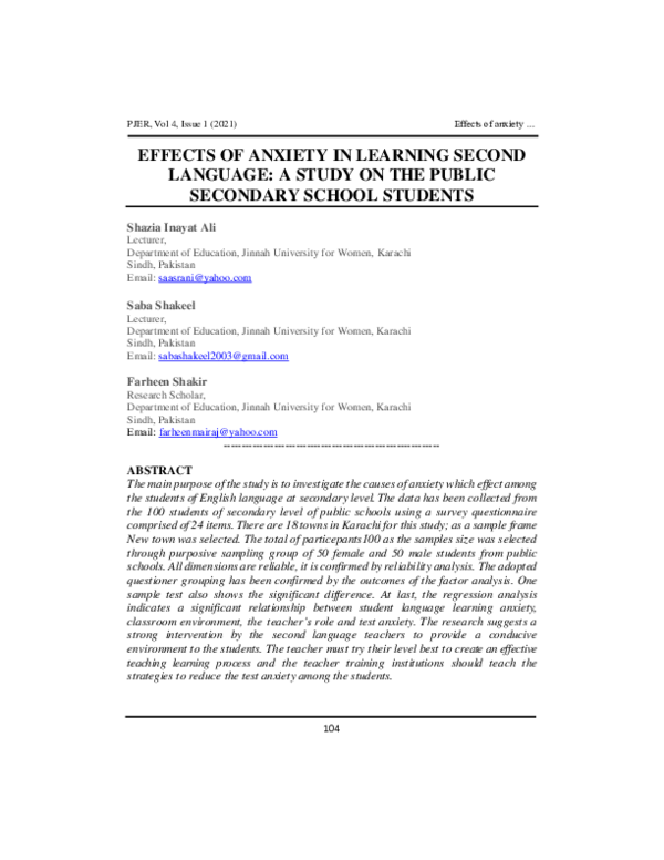 (PDF) Effects of Anxiety in Learning Second Language: A Study on the ...