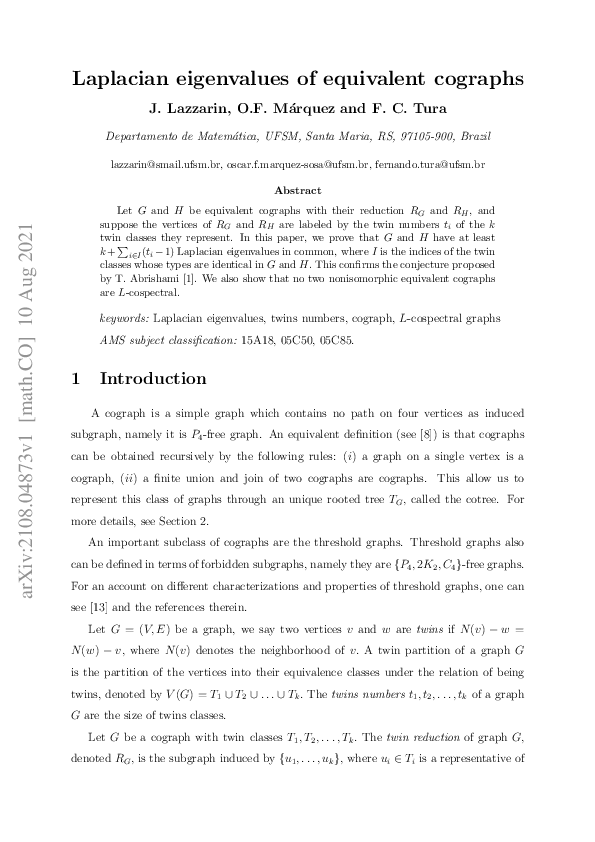 (PDF) Laplacian eigenvalues of equivalent cographs | JOAO ROBERTO LAZZARIN - Academia.edu