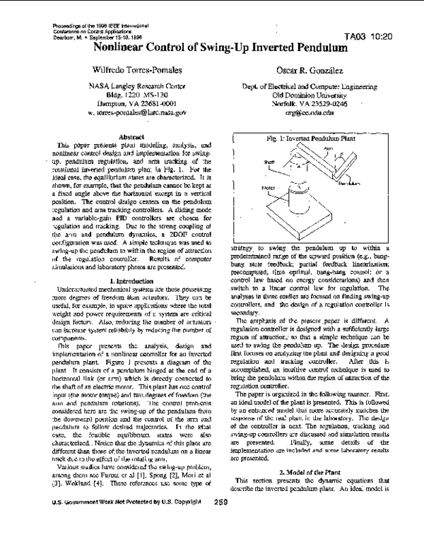 (PDF) Nonlinear control of swing-up inverted pendulum
