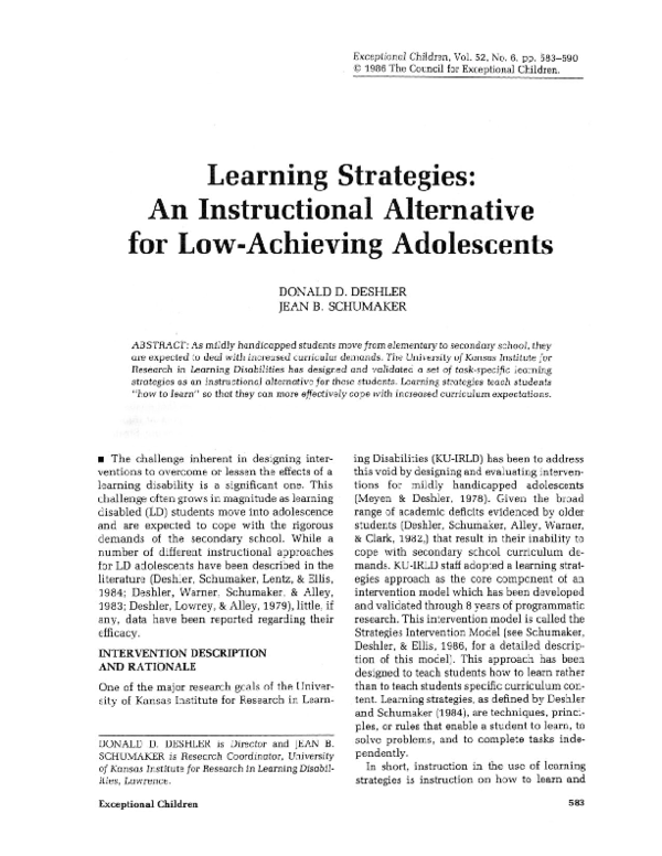 (PDF) Learning Strategies: An Instructional Alternative for Low-Achieving Adolescents