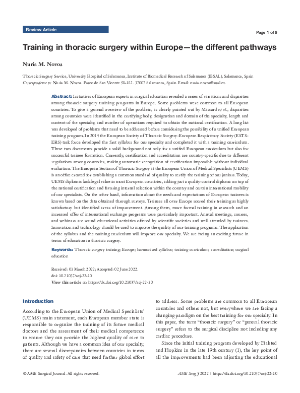 (PDF) Training in thoracic surgery within Europe—the different pathways