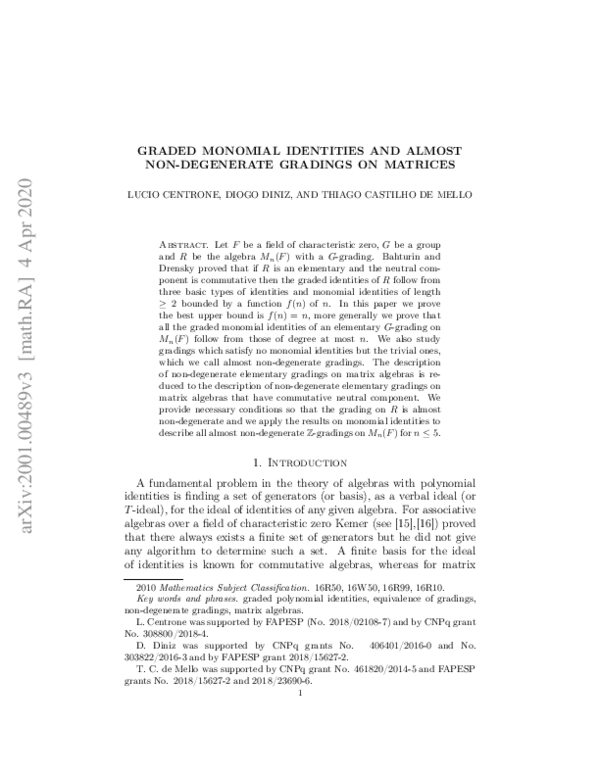 Pdf Graded Monomial Identities And Almost Non Degenerate Gradings On Matrices