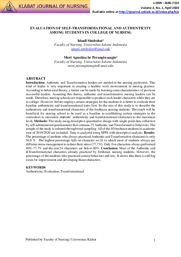 (PDF) Evaluation of Self-transformational and Authenticity Among Students in College of Nursing