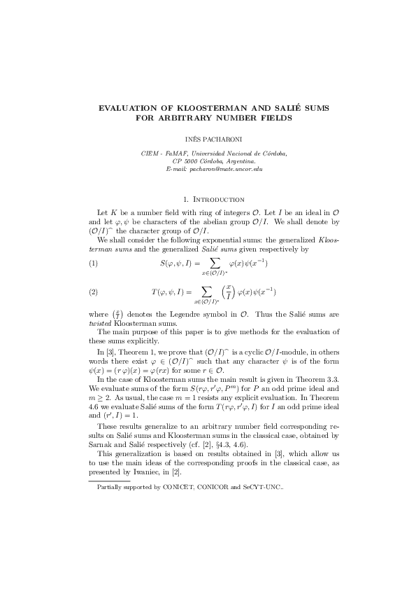 (PDF) Evaluation of kloosterman and salié sums for arbitrary number fields
