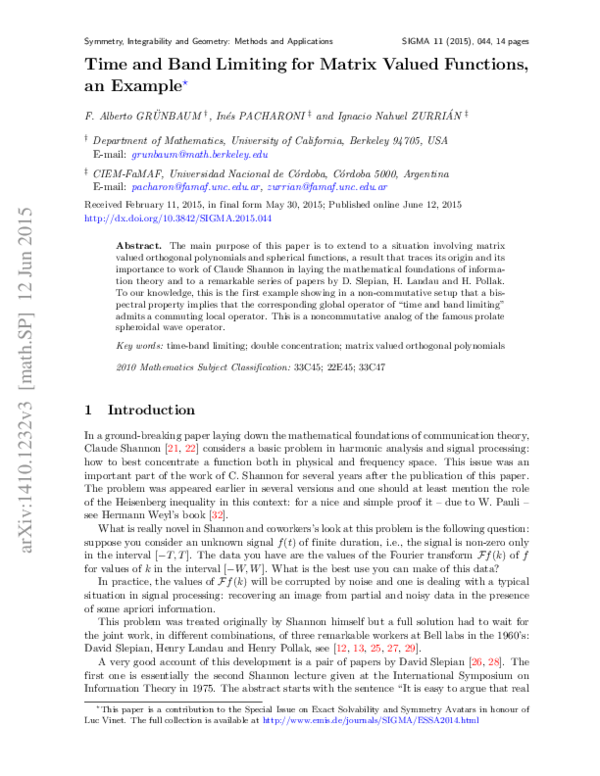 (PDF) Time and Band Limiting for Matrix Valued Functions, an Example