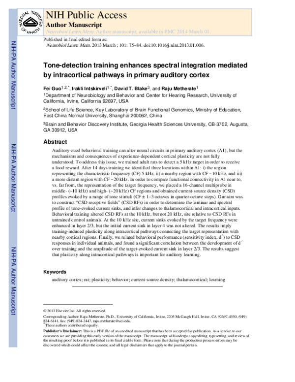 (PDF) Training Enhances Auditory Cortex Plasticity