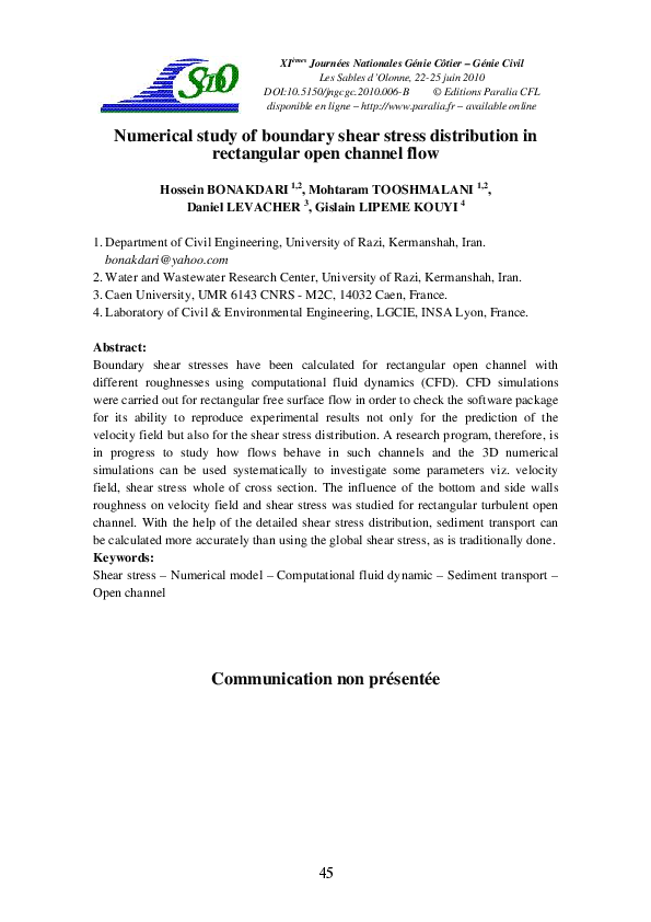 (PDF) Numerical study of boundary shear stress distribution in rectangular open channel flow ...