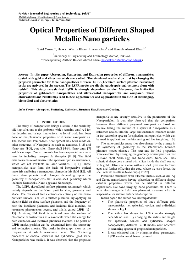 (PDF) Optical Properties of Different Shaped Metallic Nano particles
