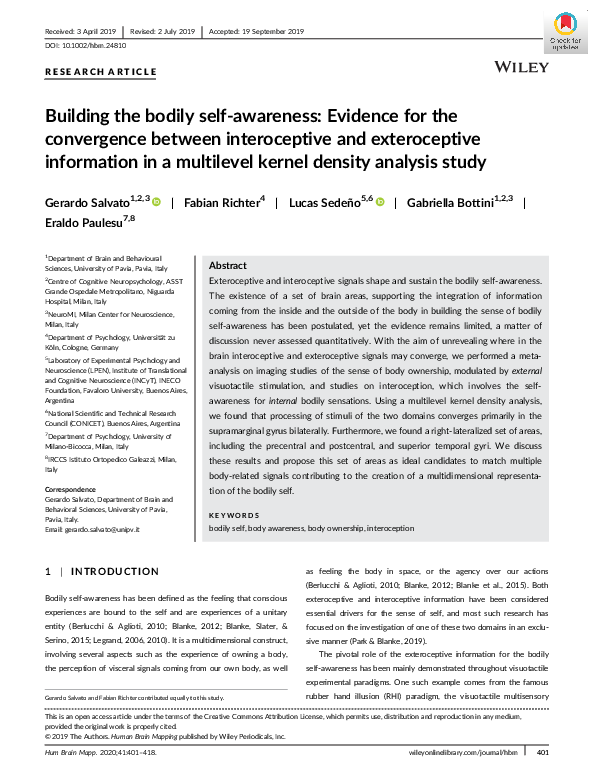 (PDF) Building the bodily self‐awareness: Evidence for the convergence ...