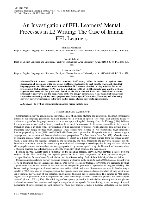 (PDF) An Investigation of EFL Learners’ Mental Processes in L2 Writing: The Case of Iranian EFL ...