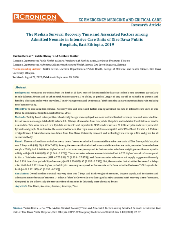 (PDF) The Median Survival Recovery Time and Associated Factors Among Admitted Neonate in ...