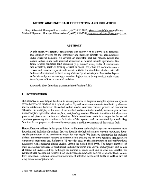 Pdf Active Aircraft Fault Detection And Isolation