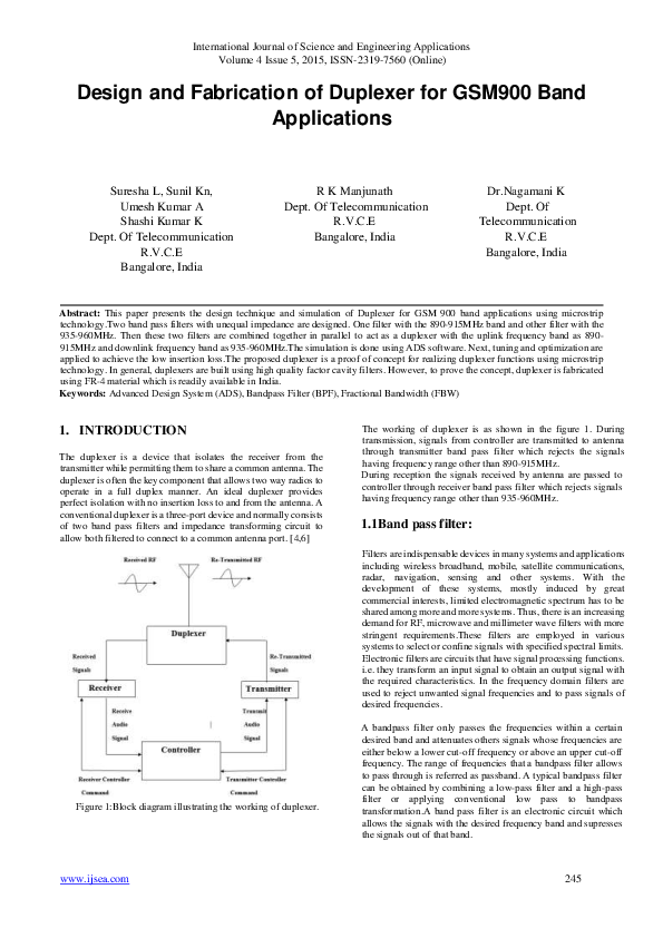 (PDF) Design and Fabrication of Duplexer for GSM900 Band Applications