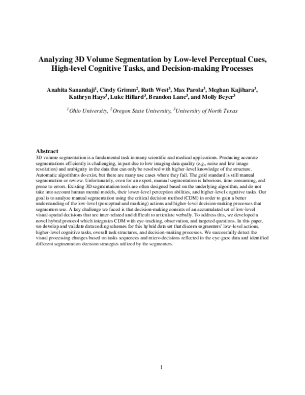 (PDF) Analyzing 3D Volume Segmentation by Low-level Perceptual Cues, High-level Cognitive Tasks ...