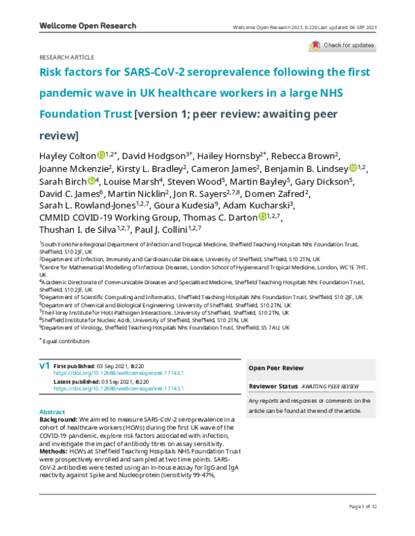 (PDF) Risk factors for SARS-CoV-2 seroprevalence following the first ...