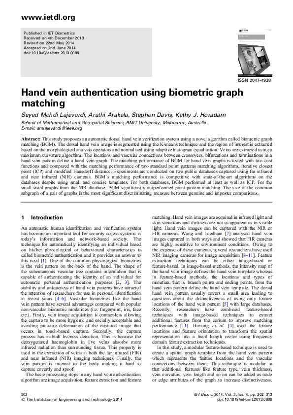 (PDF) Hand vein authentication using biometric graph matching