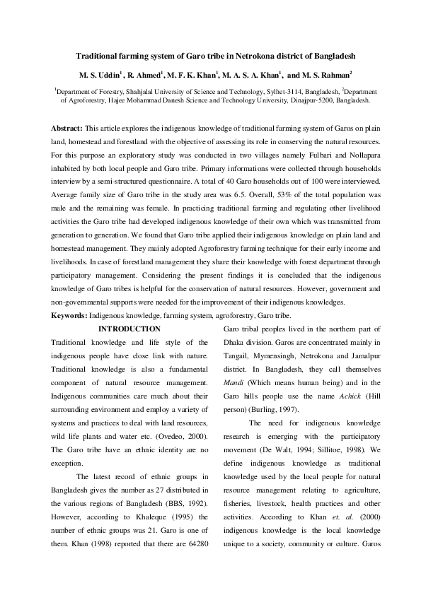 (PDF) Traditional farming system of Garo tribe in Netrokona district of ...