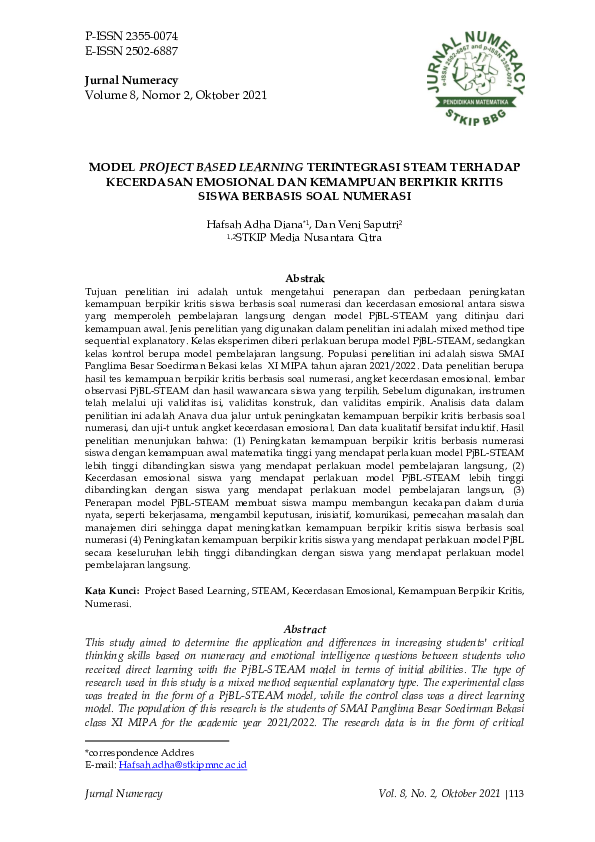 (PDF) Model Project Based Learning Terintegrasi Steam Terhadap Kecerdasan Emosional Dan ...