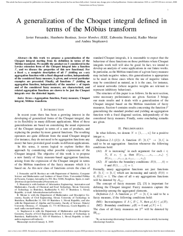 (PDF) A Generalization of the Choquet Integral Defined in Terms of the Möbius Transform