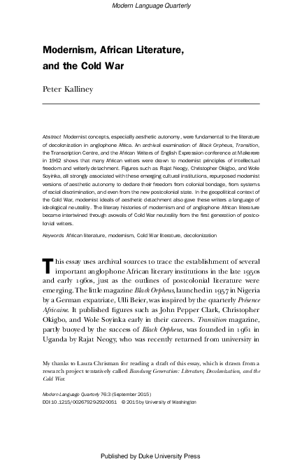 (PDF) Modernism, African Literature, and the Cold War