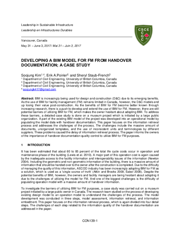 (PDF) Developing a Bim Model for FM from Handover Documentation; a Case ...