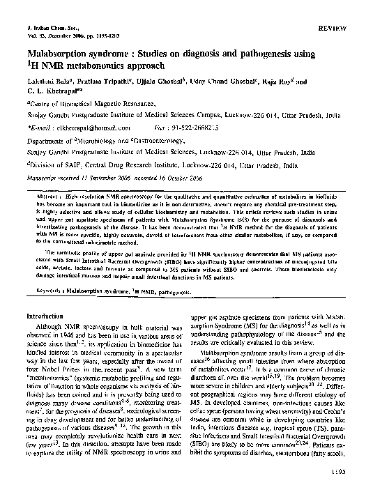 (PDF) Malabsorption syndrome : Studies on diagnosis and pathogenesis using 1 H NMR metabonomics ...
