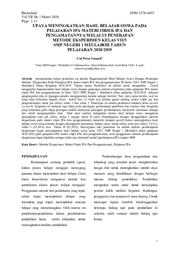(PDF) Upaya Meningkatkan Hasil Belajar Siswa Pada Pelajaran Ipa Materi Objek Ipa Dan ...