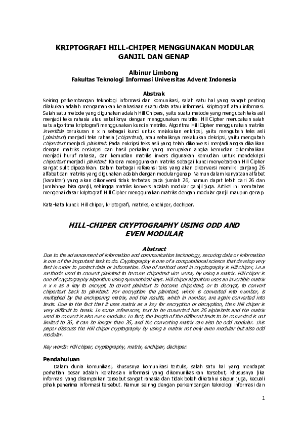 (PDF) Hill-Chiper Cryptography Using Odd and Even Modular