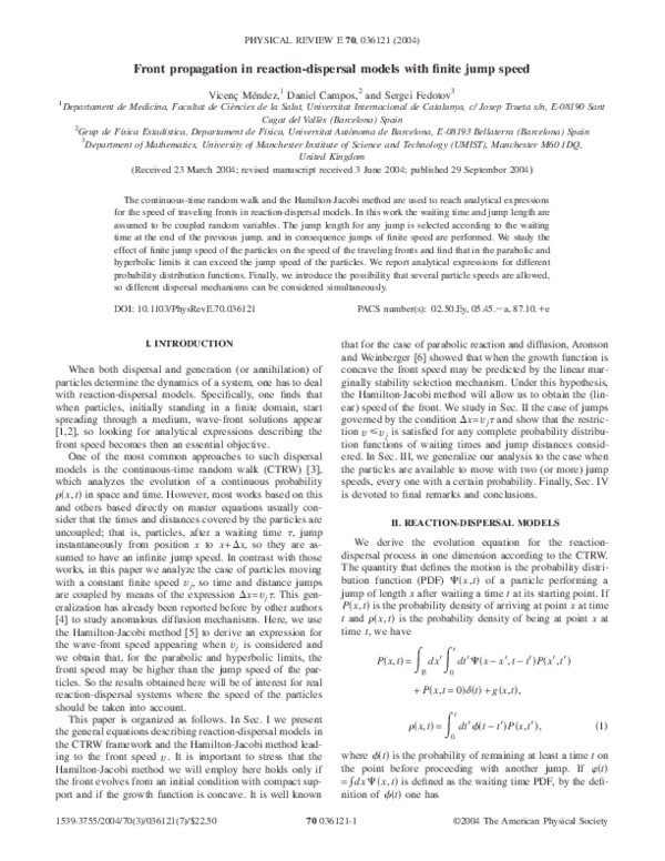 Pdf Front Propagation In Reaction Dispersal Models With Finite Jump Speed