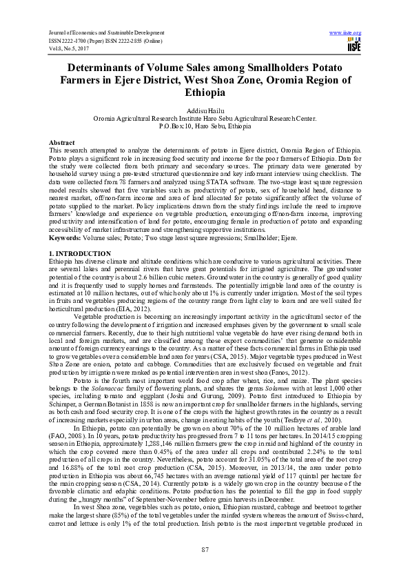 (PDF) Determinants of Volume Sales among Smallholders Potato Farmers in ...