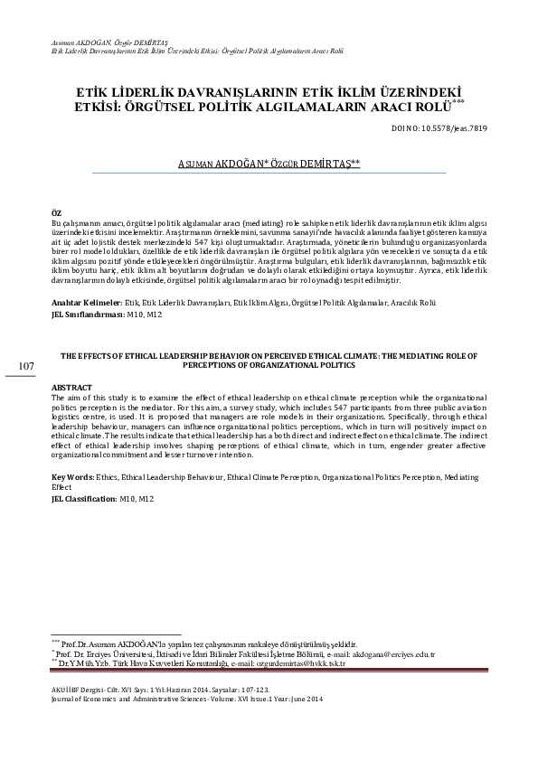 (PDF) The Effects of Ethical Leadership Behavior on Perceived Ethical Climate: The Mediating ...