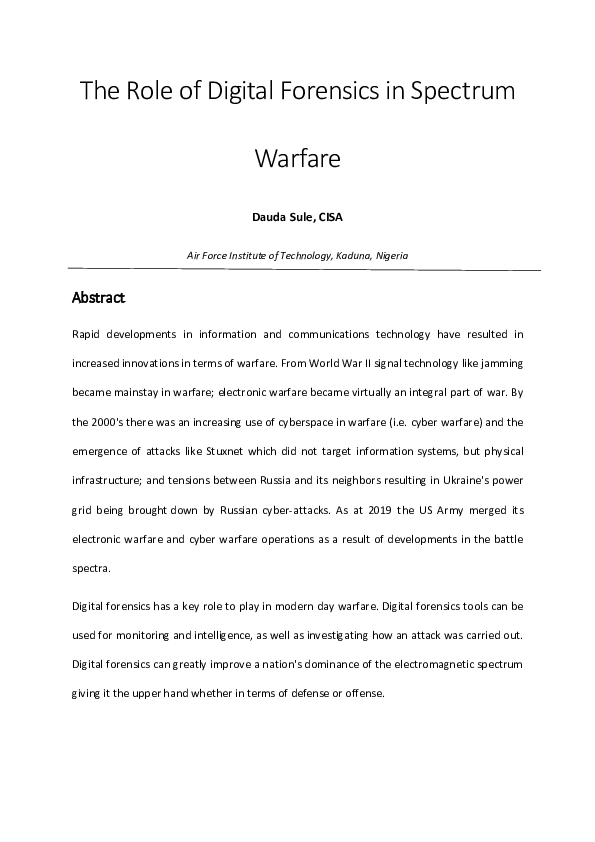 (PDF) The Role of Digital Forensics in Spectrum Warfare | Dauda Sule ...