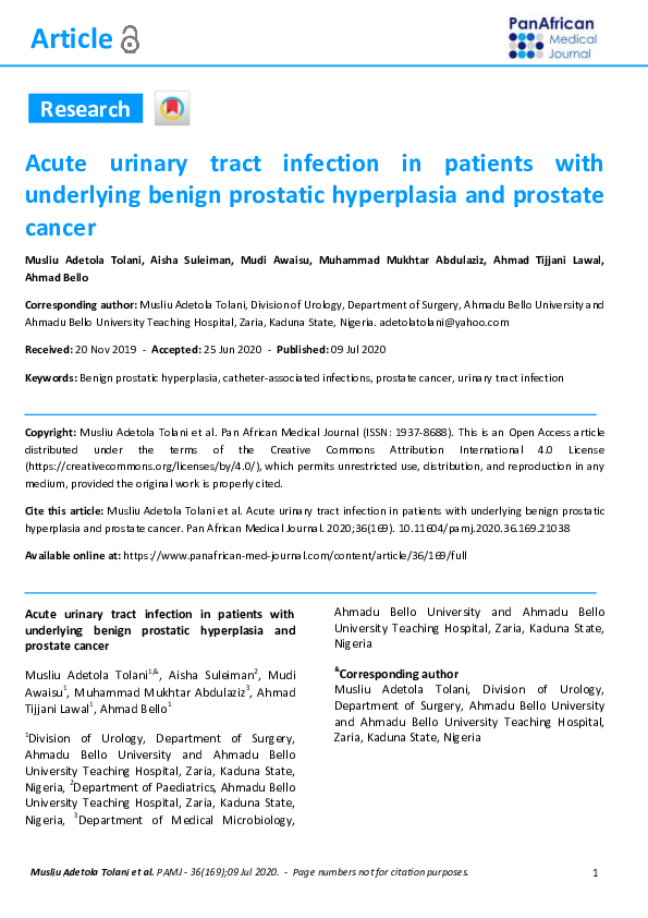 (PDF) Acute urinary tract infection in patients with underlying benign ...