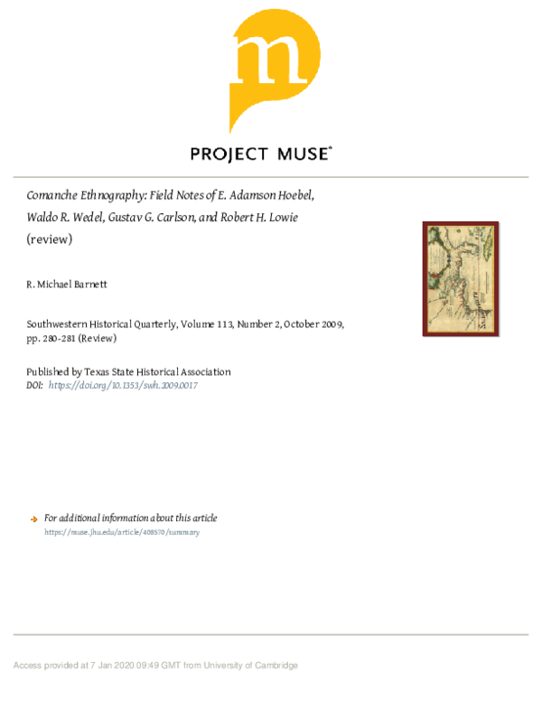 (PDF) Comanche Ethnography: Field Notes of E. Adamson Hoebel, Waldo R ...
