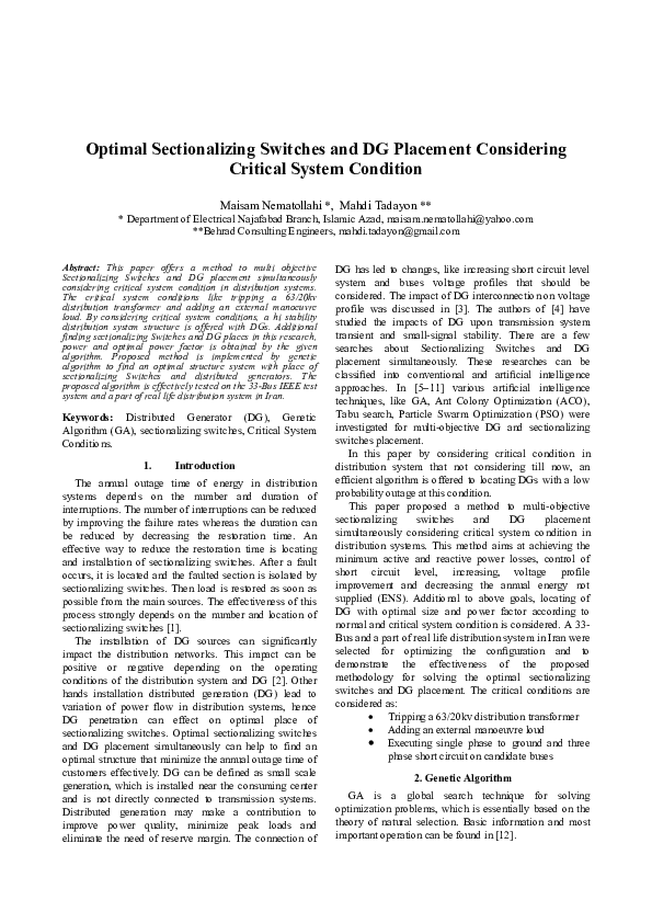 (PDF) Optimal sectionalizing switches and DG placement considering critical system condition