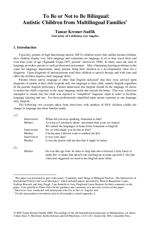 (PDF) To Be or Not to Be Bilingual: Autistic Children from Multilingual