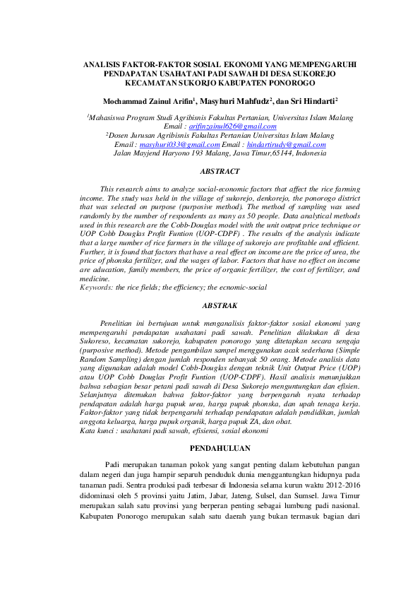 Analisis Faktor-Faktor Sosial Ekonomi Yang Mempengaruhi Pendapatan Usahatani Padi Sawah DI Desa ...