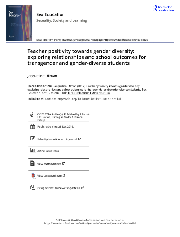 (PDF) Teacher positivity towards gender diversity: exploring relationships and school outcomes ...