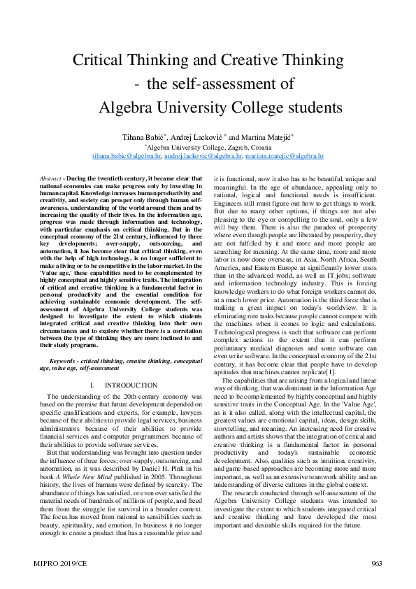 (PDF) Critical Thinking and Creative Thinking - the self-assessment of ...