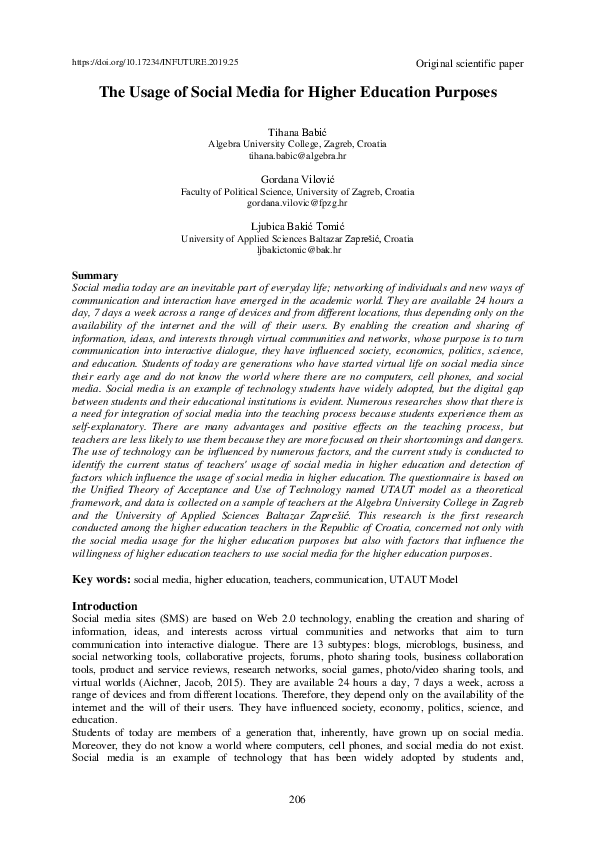 (PDF) The usage of social media for higher education purposes