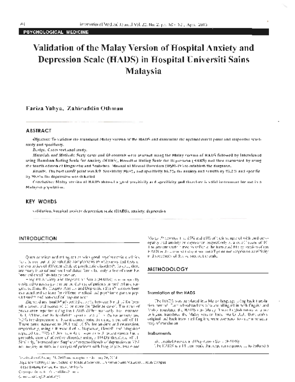 (PDF) Validation of the Malay Version of Hospital Anxiety and ...