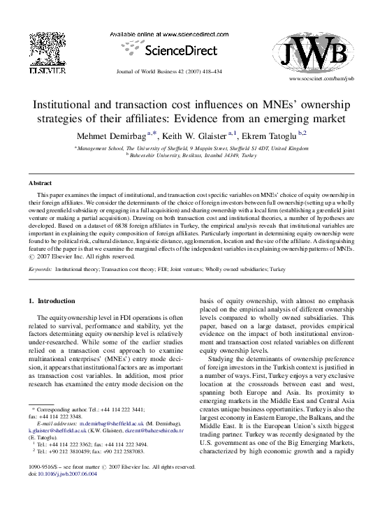 (PDF) Institutional and transaction cost influences on MNEs’ ownership ...